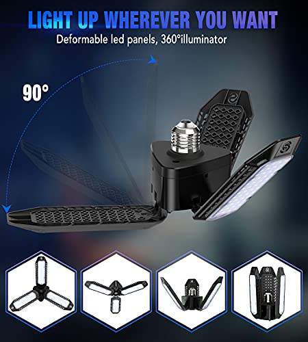 JZCreater LED Garage Lights 2 Pack 60W, Deformable Garage Light 3 Panels Adjustable Lights E26 8000LM LED Shop Light for Warehouse, Workshop, Basement, Attic