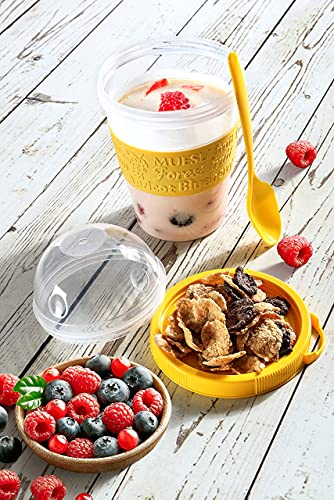 DGRS MARKET 4 Pack 20 oz Breakfast Cereal On the Go Cups with Spoon- Portable Take'n Go Yogurt and Cereal Container Cup with Top Lids- Take and Go Yogurt- Milk- Snack- Fruit Cup for Travel (4- Mix)