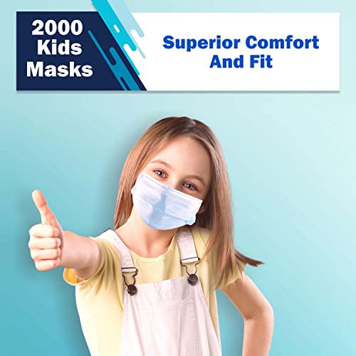 2000 Kids Disposable Face Masks, Bulk Face masks (40 Boxes, 50pcs/Box), Non Woven Thick 3-Layers Breathable Facial Masks with Adjustable