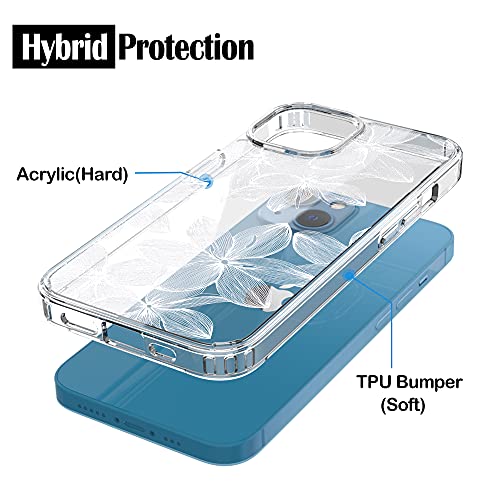 RANZ iPhone 13 Case, Anti-Scratch Shockproof Series Clear Hard PC+ TPU Bumper Protective Cover Case for iPhone 13 (6.1") - White Flower