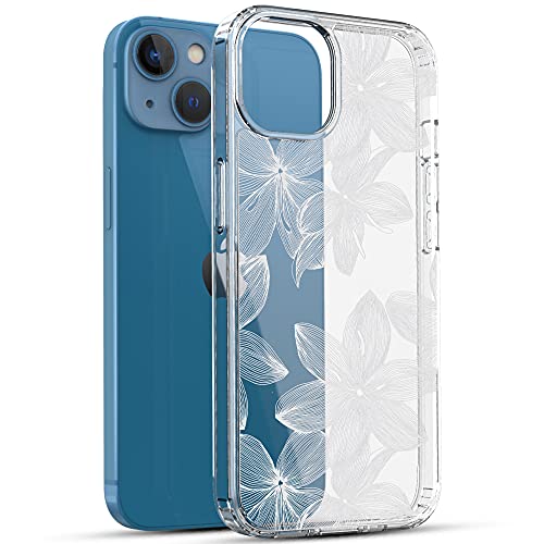 RANZ iPhone 13 Case, Anti-Scratch Shockproof Series Clear Hard PC+ TPU Bumper Protective Cover Case for iPhone 13 (6.1") - White Flower
