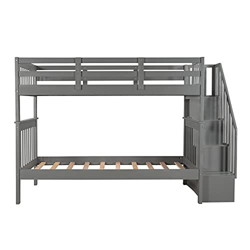 Harper & Bright Designs Twin Over Twin Bunk Beds with Stairs Wood Bunk Bed Frame with Storage Shelves for Kids Boys Girls Teens, Can be Divided into 2 Beds, Gray