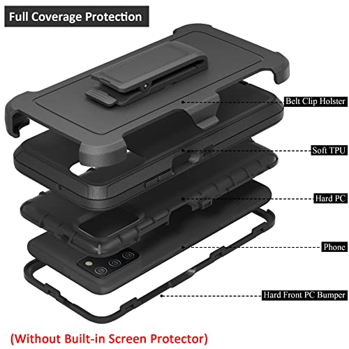 Compatible with Samsung Galaxy A02s Case,with Screen Protectors,Heavy Duty Rugged Shockproof Full Body Protection Kickstand Case with Belt Clip Holster for Samsung Galaxy A02s (Black)