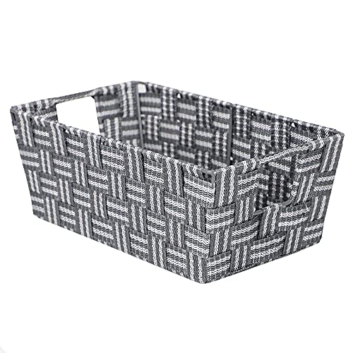 Home Basics Stripe Woven Strap Storage Bin | Various Black | Blue | Brown | Grey | Great for Storage | Metal Frame | Lightweight with Handles | Sturdy Construction (Grey, Small)