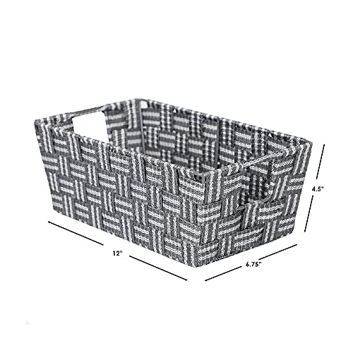 Home Basics Stripe Woven Strap Storage Bin | Various Black | Blue | Brown | Grey | Great for Storage | Metal Frame | Lightweight with Handles | Sturdy Construction (Grey, Small)