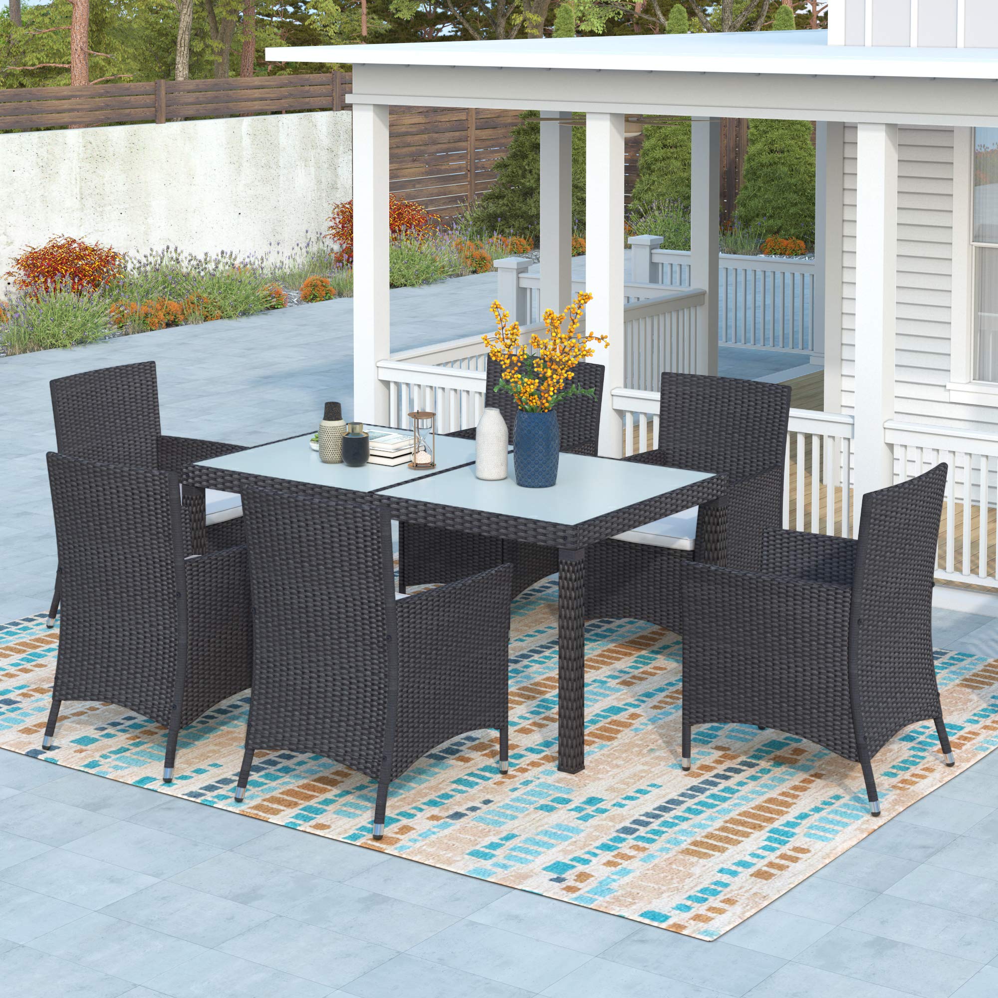 BIADNBZ 7-Pieces Patio Dining Set Outdoor PE Wicker Rattan Furniture with 1 Glass Top Table,6 Armchairs and Cushions, OneSize, Black+White