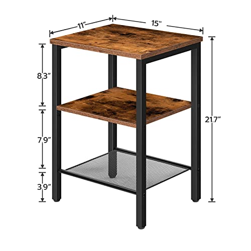 HOOBRO Nightstands Set of 2, 3-Tier Side Table with Adjustable Shelf, Industrial End Table for Small Space in Living Room, Bedroom and Balcony, Stable Metal Frame, Rustic Brown BF12BZ01