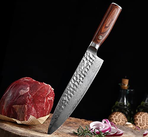 wonhag Damascus Chef Knife Professional VG10 Stainless Steel Cleaver Damascus 8 Inch Chef Knife Brown Handle Gift Box