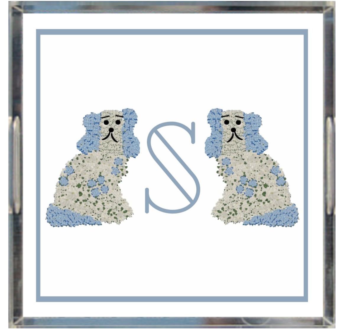 Acrylic Serving and Vanity Trays ; Blue Staffordshire Dogs Acrylic Tray ; Monogram Acrylic Tray ; Decorative Vanity Trays and Kitchen Serving Trays