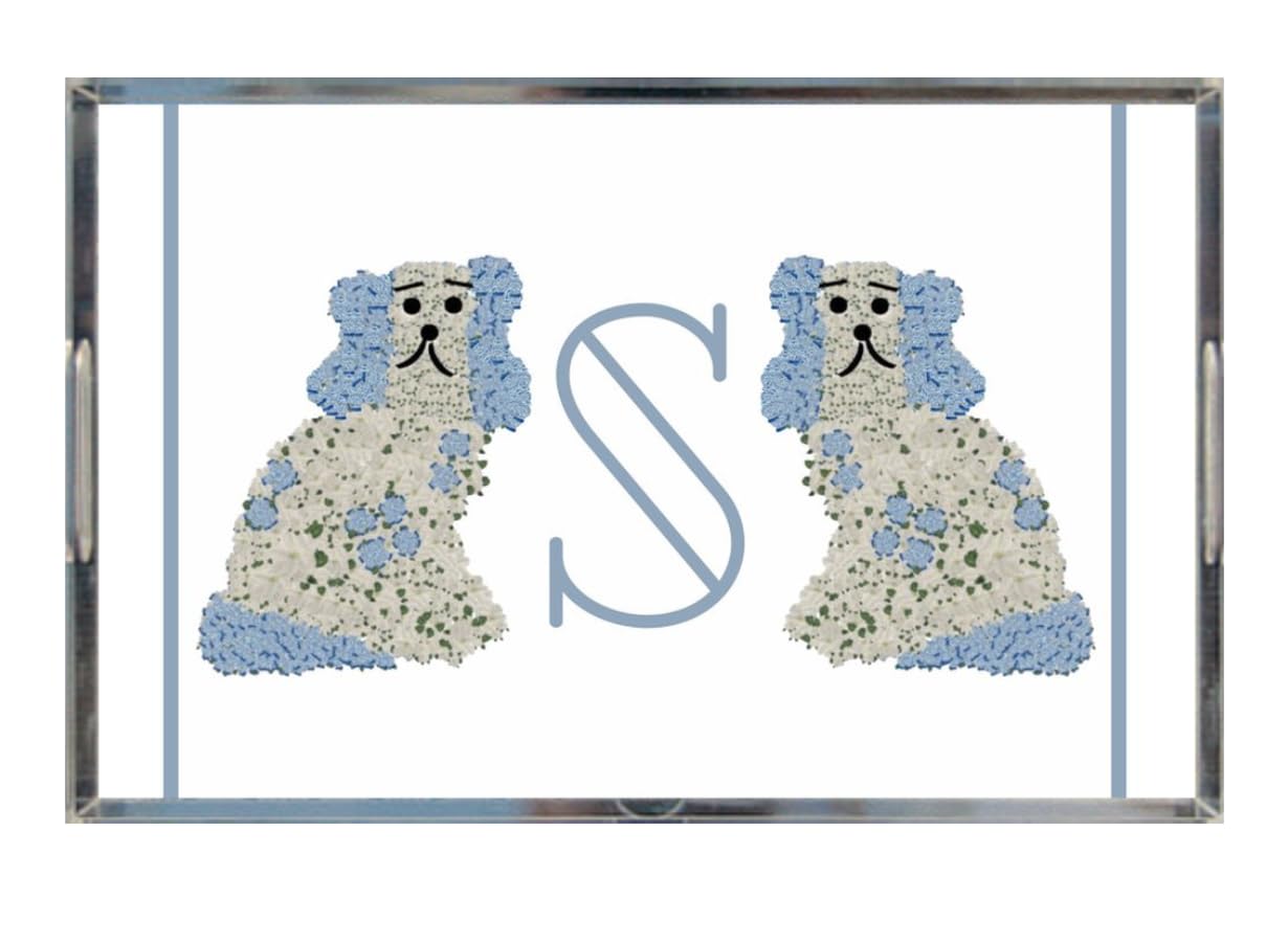 Acrylic Serving and Vanity Trays ; Blue Staffordshire Dogs Acrylic Tray ; Monogram Acrylic Tray ; Decorative Vanity Trays and Kitchen Serving Trays