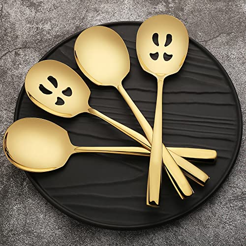 Stainless Steel Serving Spoon x 3, Slotted Serving Spoon x 3, 9.14 Inches Large Serving Utensils Set of 6 for Catering, Dishwasher Safe (Gold)