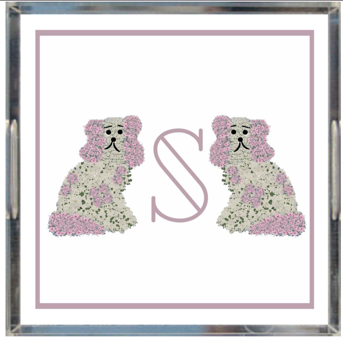 Acrylic Serving and Vanity Trays ; Staffordshire Dogs Acrylic Tray ; Monogram Acrylic Tray ; Decorative Vanity Trays and Kitchen Serving Trays