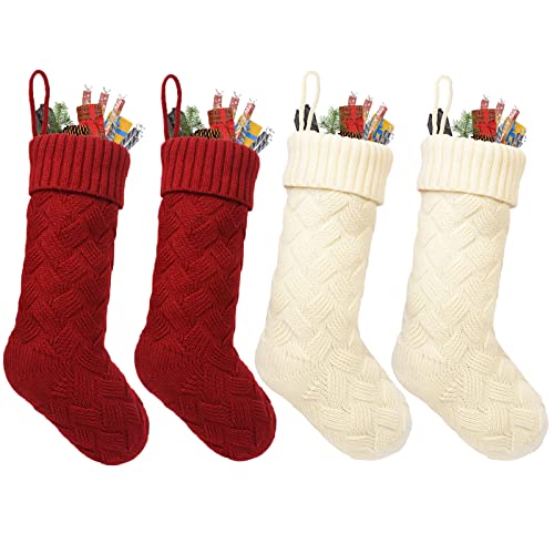 ROSFORU Knit Christmas Stockings, 4 Pack Large Size Candy Gift Bag Personalized Decoration Weave Xmas Socks, Classic Style(2Pcs Ivory White+ 2Pcs Burgundy)