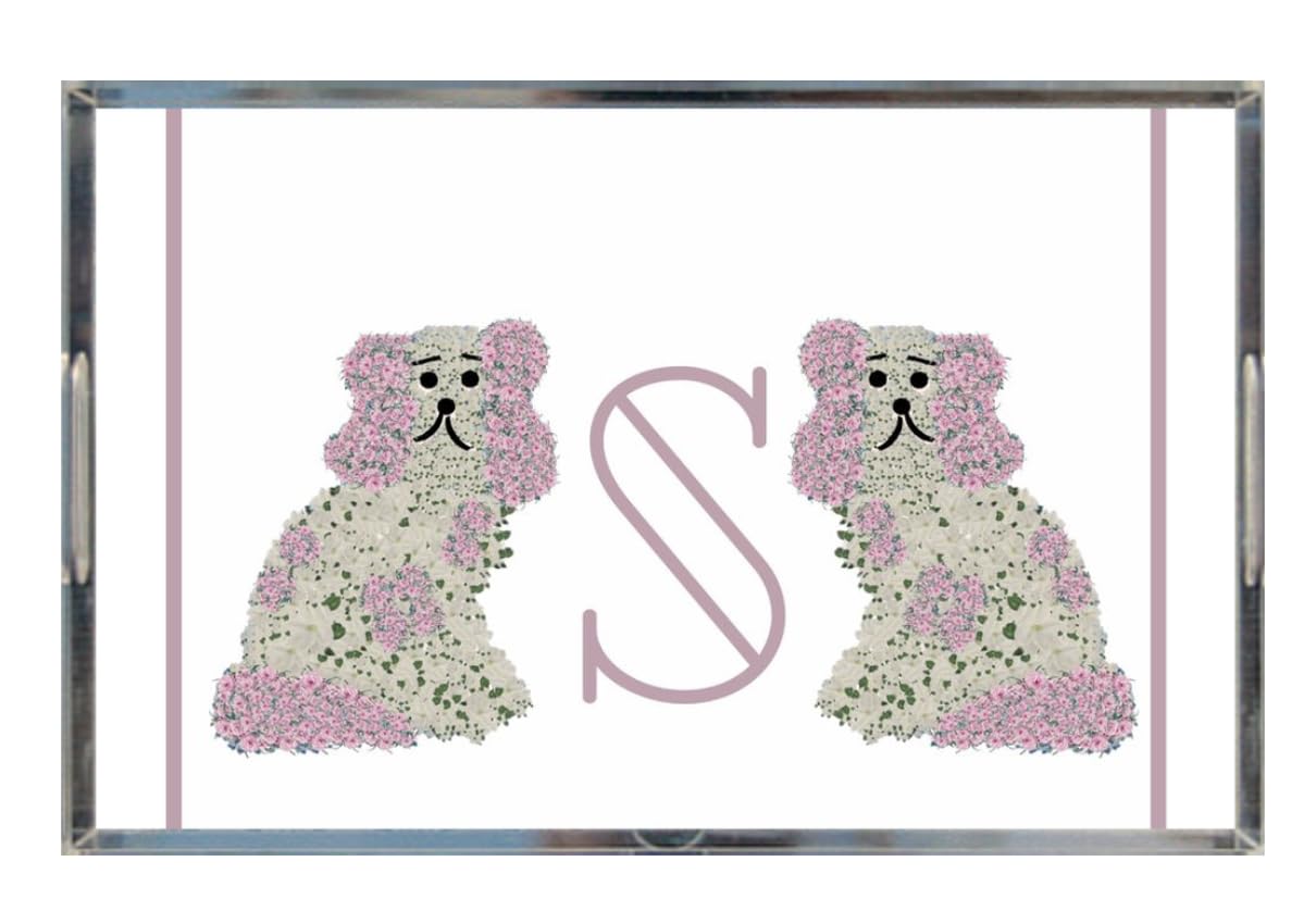 Acrylic Serving and Vanity Trays ; Staffordshire Dogs Acrylic Tray ; Monogram Acrylic Tray ; Decorative Vanity Trays and Kitchen Serving Trays