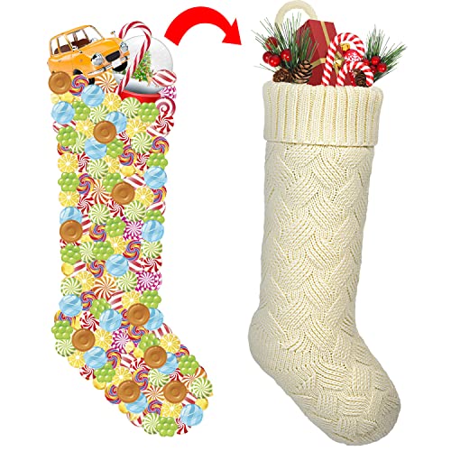 ROSFORU Knit Christmas Stockings, 4 Pack Large Size Candy Gift Bag Personalized Decoration Weave Xmas Socks, Classic Style(2Pcs Ivory White+ 2Pcs Burgundy)