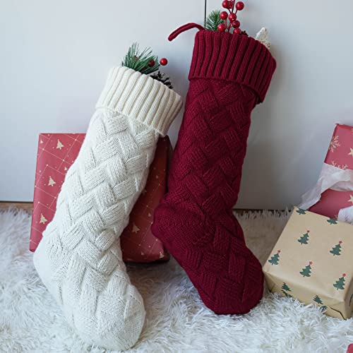 ROSFORU Knit Christmas Stockings, 4 Pack Large Size Candy Gift Bag Personalized Decoration Weave Xmas Socks, Classic Style(2Pcs Ivory White+ 2Pcs Burgundy)