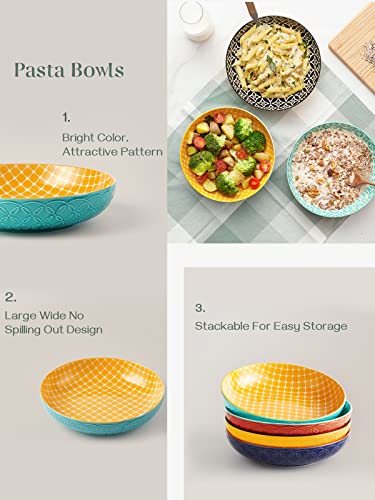 DOWAN Vibrant Pasta Bowls, 8.5'' Large Salad Bowls, 34 Oz Porcelain Pasta Serving Bowl Set of 4, Bowls for Pasta, Salad, Soup, Oatmeal, Mix-match Pattern, Ideal Housewarming Gift