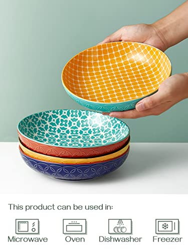 DOWAN Vibrant Pasta Bowls, 8.5'' Large Salad Bowls, 34 Oz Porcelain Pasta Serving Bowl Set of 4, Bowls for Pasta, Salad, Soup, Oatmeal, Mix-match Pattern, Ideal Housewarming Gift