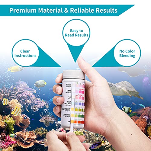 7-Way Aquarium Test Strips, 100 Strips Aquarium Testing Kit for Freshwater Saltwater, Fish Tank Pond Test Strips Testing pH, Alkalinity, Nitrite, Nitrate, Chlorine, Carbonate, Hardness