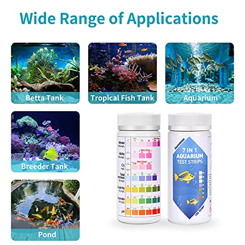 7-Way Aquarium Test Strips, 100 Strips Aquarium Testing Kit for Freshwater Saltwater, Fish Tank Pond Test Strips Testing pH, Alkalinity, Nitrite, Nitrate, Chlorine, Carbonate, Hardness
