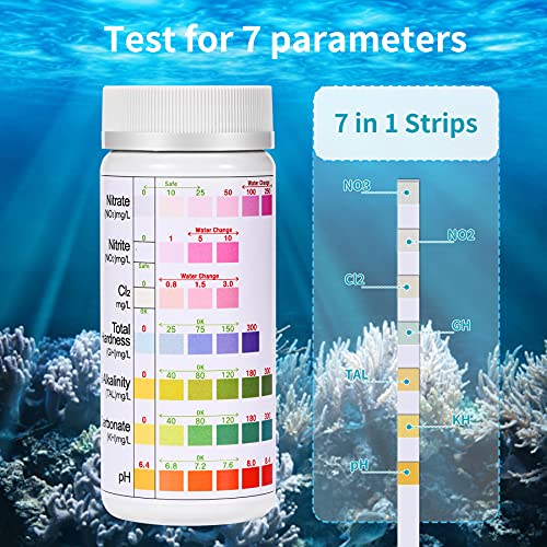 7-Way Aquarium Test Strips, 100 Strips Aquarium Testing Kit for Freshwater Saltwater, Fish Tank Pond Test Strips Testing pH, Alkalinity, Nitrite, Nitrate, Chlorine, Carbonate, Hardness