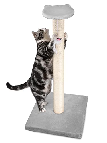 SEIOHW Cat Scratching Post, 32" Scratch Post with Sisal Rope, Tall Cat Scratcher with Bell Mouse Toy & Cat Head Perch, Scratching Post for Indoor Cats (Light Grey)