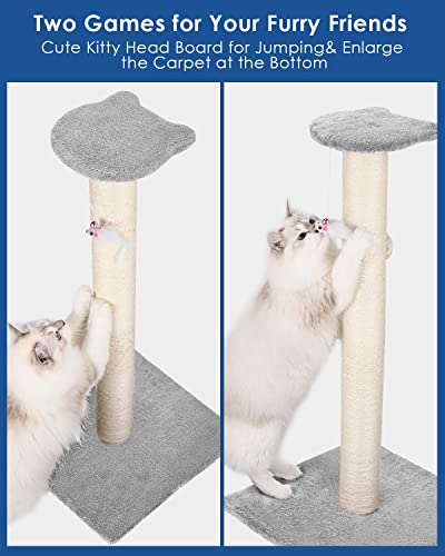 SEIOHW Cat Scratching Post, 32" Scratch Post with Sisal Rope, Tall Cat Scratcher with Bell Mouse Toy & Cat Head Perch, Scratching Post for Indoor Cats (Light Grey)