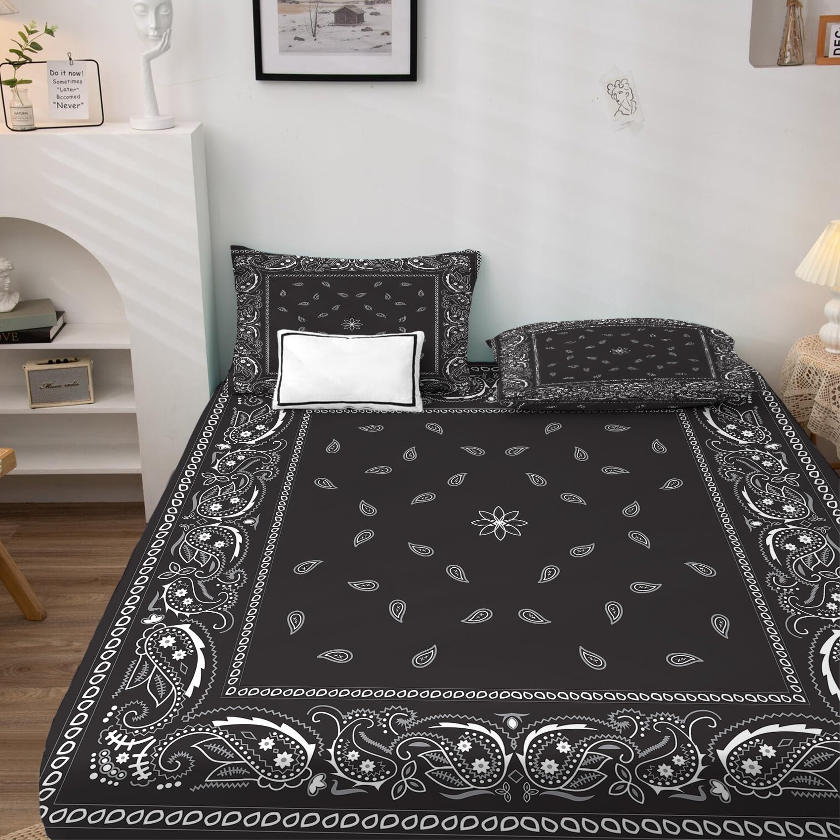 THYUNQ Black Bandana Sheets Full Size Bed, Paisley Pattern Bedding Sheets & Pillowcases - 16 Inch Deep Pocket, Soft Microfiber Sheet Set 4 Piece, Bandana Bedroom & Room Decor