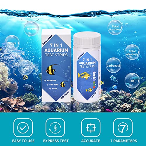 7-Way Aquarium Test Strips, 100 Strips Aquarium Testing Kit for Freshwater Saltwater, Fish Tank Pond Test Strips Testing pH, Alkalinity, Nitrite, Nitrate, Chlorine, Carbonate, Hardness