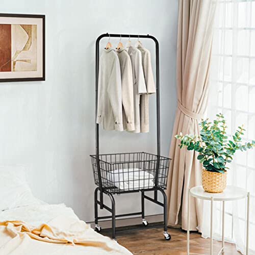 Laundry Cart With Hanging Rack, Laundry Basket with Wheels and Hanging Bar, Laundry Butler Cart Rolling Laundry Rack Small Garment Rack with Basket