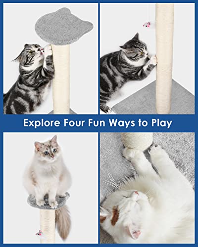SEIOHW Cat Scratching Post, 32" Scratch Post with Sisal Rope, Tall Cat Scratcher with Bell Mouse Toy & Cat Head Perch, Scratching Post for Indoor Cats (Light Grey)