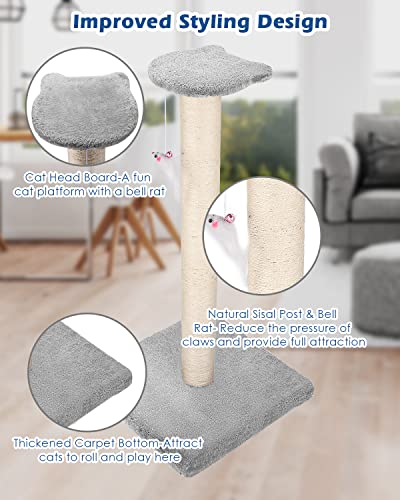 SEIOHW Cat Scratching Post, 32" Scratch Post with Sisal Rope, Tall Cat Scratcher with Bell Mouse Toy & Cat Head Perch, Scratching Post for Indoor Cats (Light Grey)