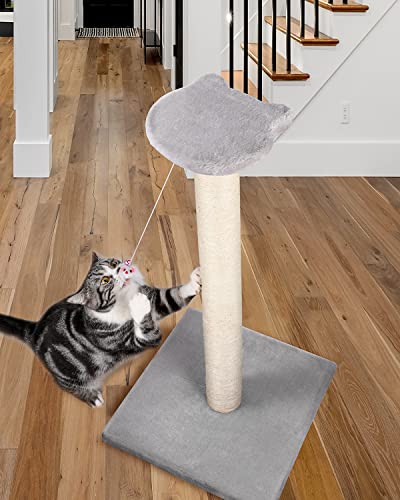 SEIOHW Cat Scratching Post, 32" Scratch Post with Sisal Rope, Tall Cat Scratcher with Bell Mouse Toy & Cat Head Perch, Scratching Post for Indoor Cats (Light Grey)