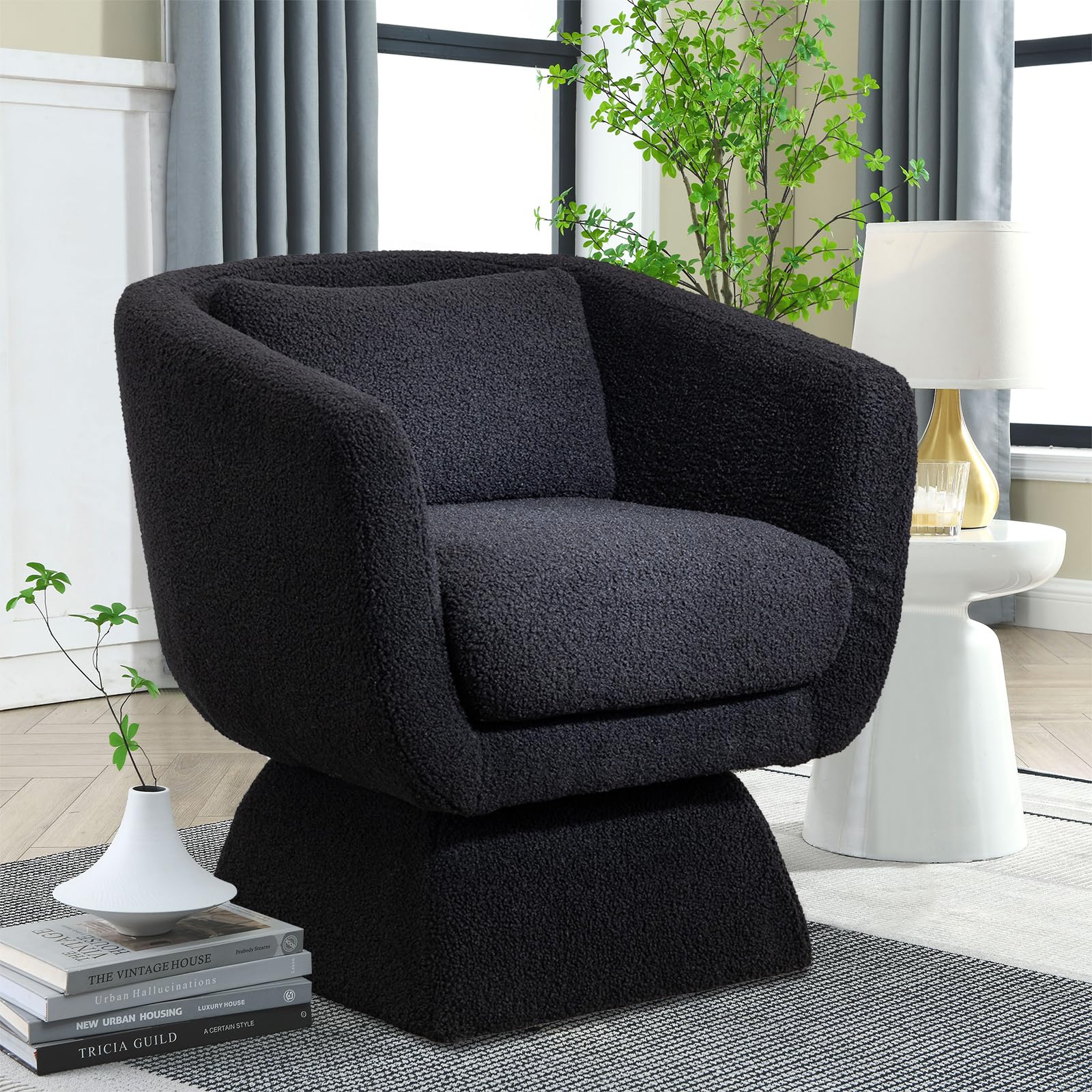 Vliekcy Swivel Accent Chair, Modern Curved Back Accent Sofa with Pillow, 360 Degree Swivel Single Sofa Armchair for Home Living Room Bedroom Office - Black