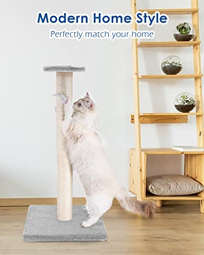 SEIOHW Cat Scratching Post, 32" Scratch Post with Sisal Rope, Tall Cat Scratcher with Bell Mouse Toy & Cat Head Perch, Scratching Post for Indoor Cats (Light Grey)