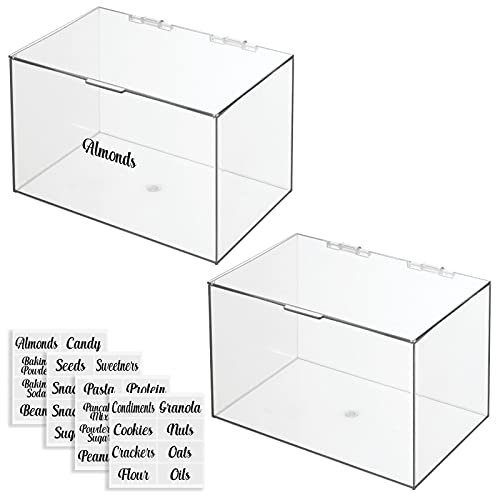 mDesign Plastic Stackable Kitchen Pantry Cabinet/Refrigerator Food Storage Container Bin Box, Attached Lid - Organizer for Coffee, Tea, Snacks - 6.5" high - Pack of 2, Includes 32 Labels - Clear