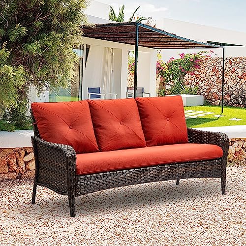 HUMMUH Patio Wicker Sofa,3-Seater Outdoor Couch Porch High Back and Deep Seat Sofa Furniture for Backyard, Deck, Poolside (Brown Red)