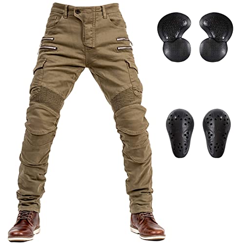 LOMENG Motorcycle Riding Pants Motorbike Motocross Cycling Jeans Safety CE Knee Hip Removable Armored All Seasons for Men Khaki 30