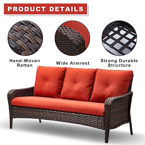 HUMMUH Patio Wicker Sofa,3-Seater Outdoor Couch Porch High Back and Deep Seat Sofa Furniture for Backyard, Deck, Poolside (Brown Red)