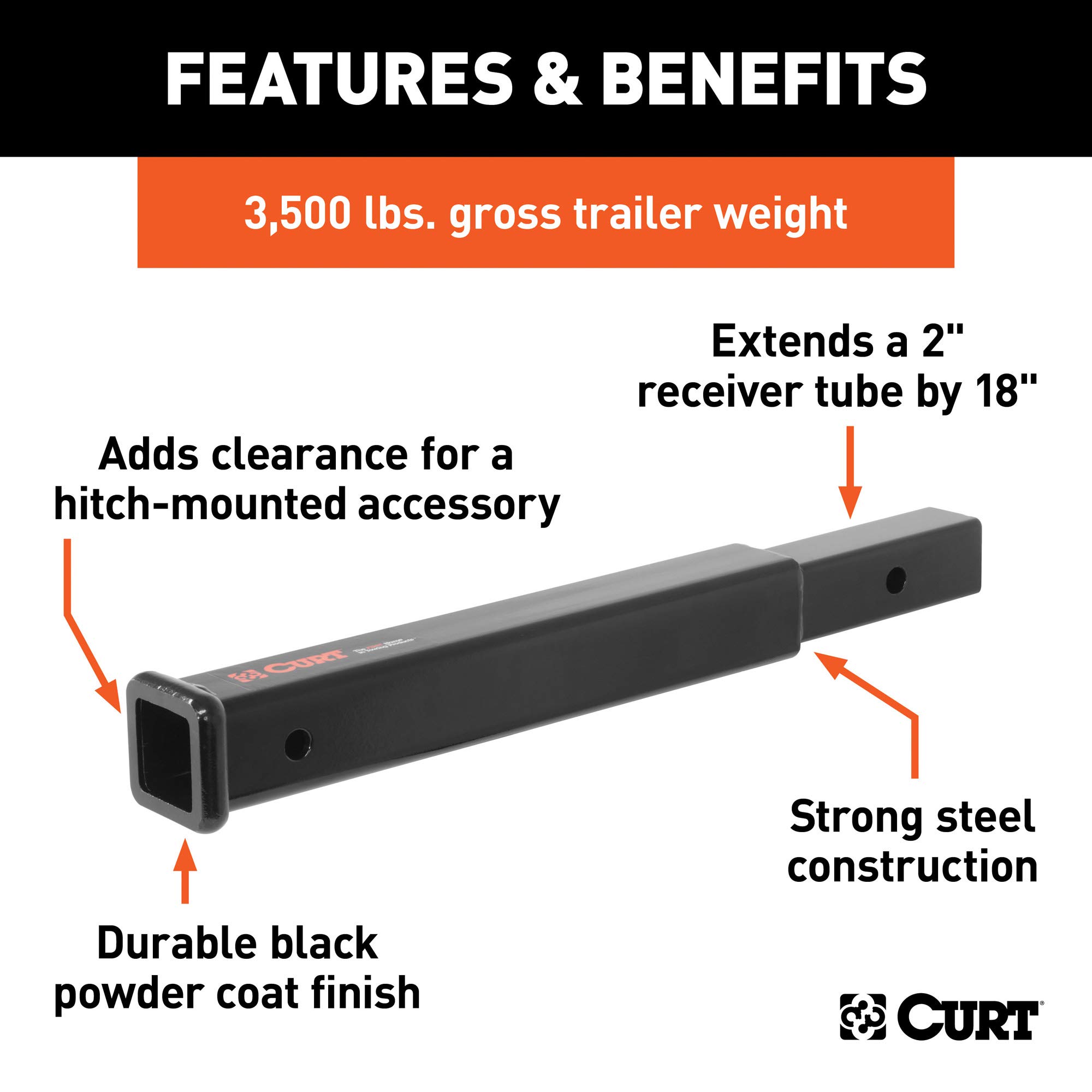 CURT 45796 18-Inch Long Trailer Hitch Extension for 2-Inch Receiver, 3,500 lbs , Black