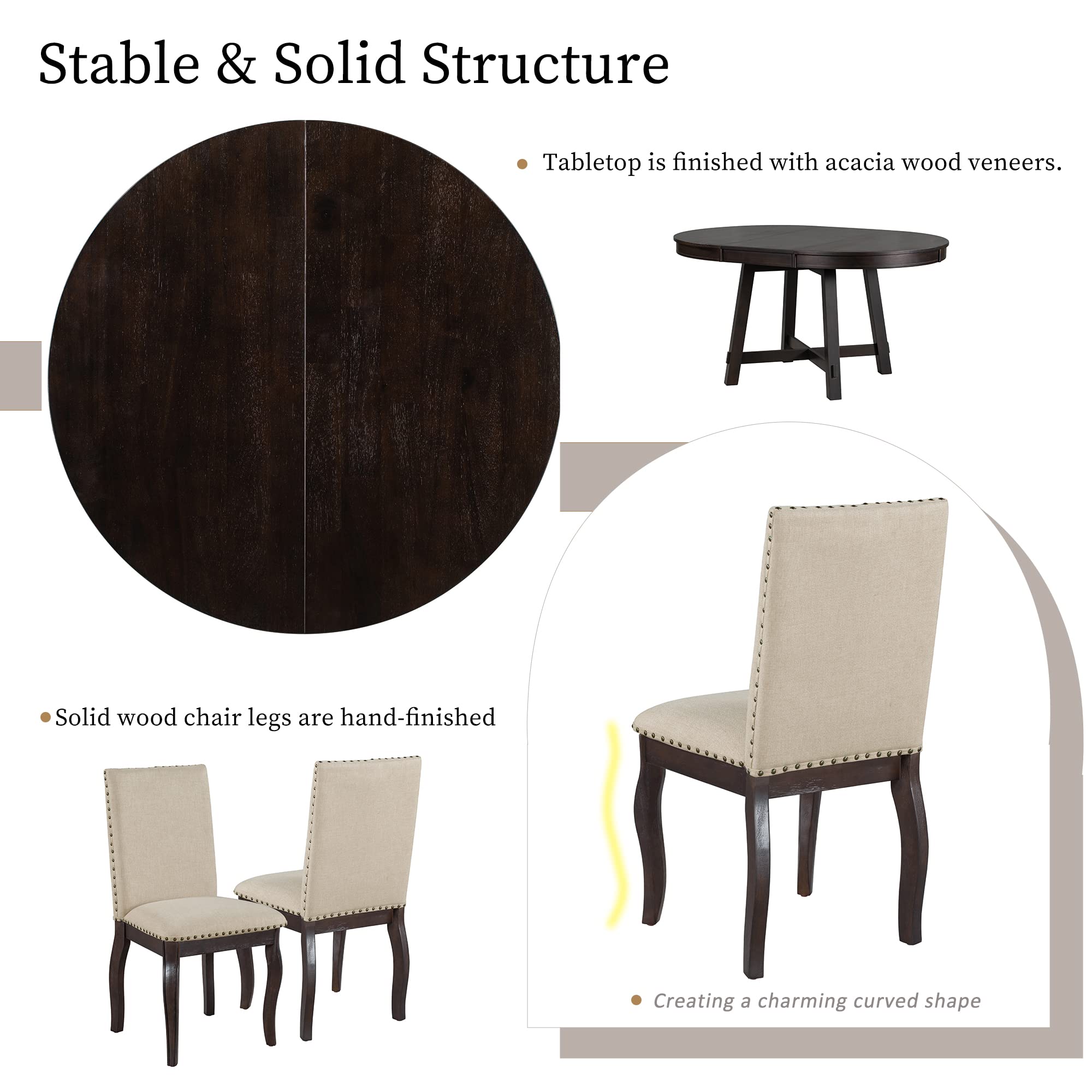 GLORHOME 5 Piece Farmhouse Extendable Set for 4 to 6 Wood Round Table and 4 Upholstered Dining Chairs, Espresso