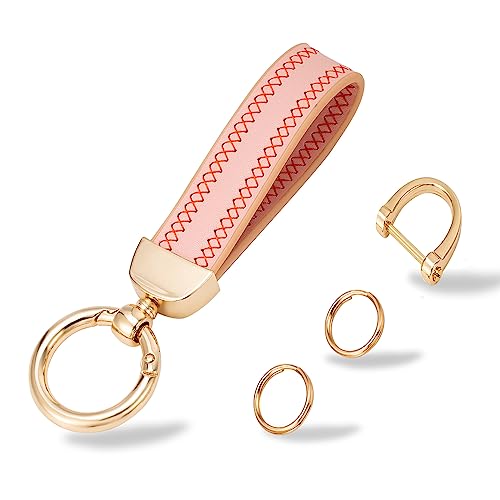 Cloud pie Genuine Leather Car Keychain, Universal Key Fob Holder with 360 Degree Rotatable, Anti-Lost D-Ring (Pink)
