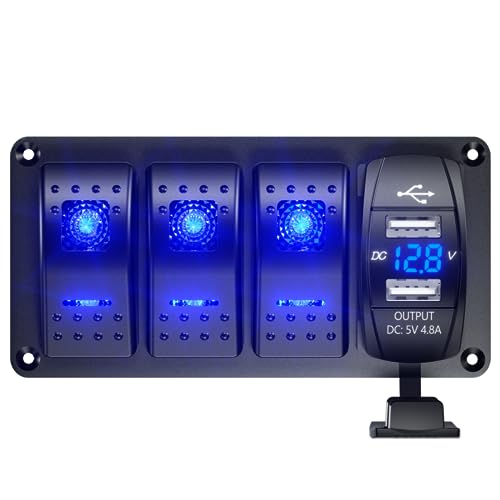 3 Gang Rocker Switch Aluminum Panel with Voltmeter & Dula USB Charger (4.8 Amp) 12V/24V DC Rocker Switch with Night Glow Stickers, Waterproof for Marine, Boat, Car, Truck, Jeep (Blue)