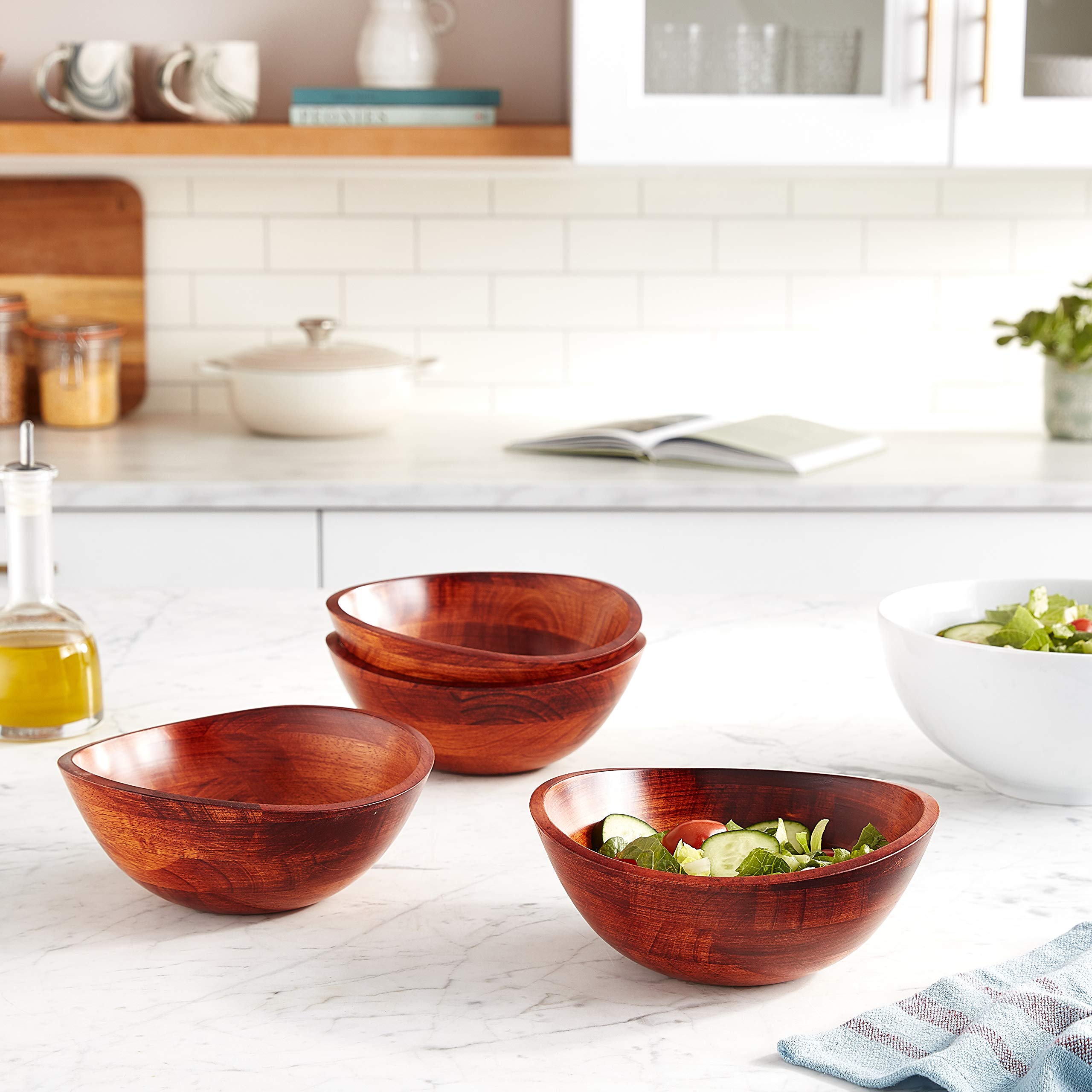 Lipper International Cherry Finished Wavy Rim Serving Bowls for Fruits or Salads, Matte, Small, 7.5" x 7.25" x 3", Set of 4 Bowls