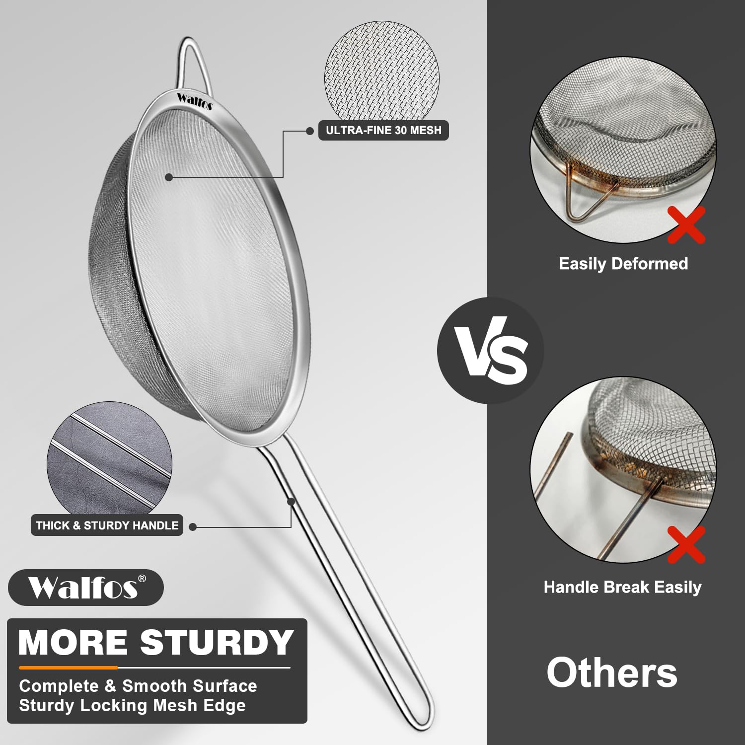 Walfos Fine Mesh Strainer 4PCS, Versatile Kitchen Strainer with Handle - 7", 5", 3.3", 2.8" Sieve Fine Mesh Stainless Steel, Metal Strainers and Sifters for Rice, Quinoa, Tea, Cocktail, Pasta, Juice