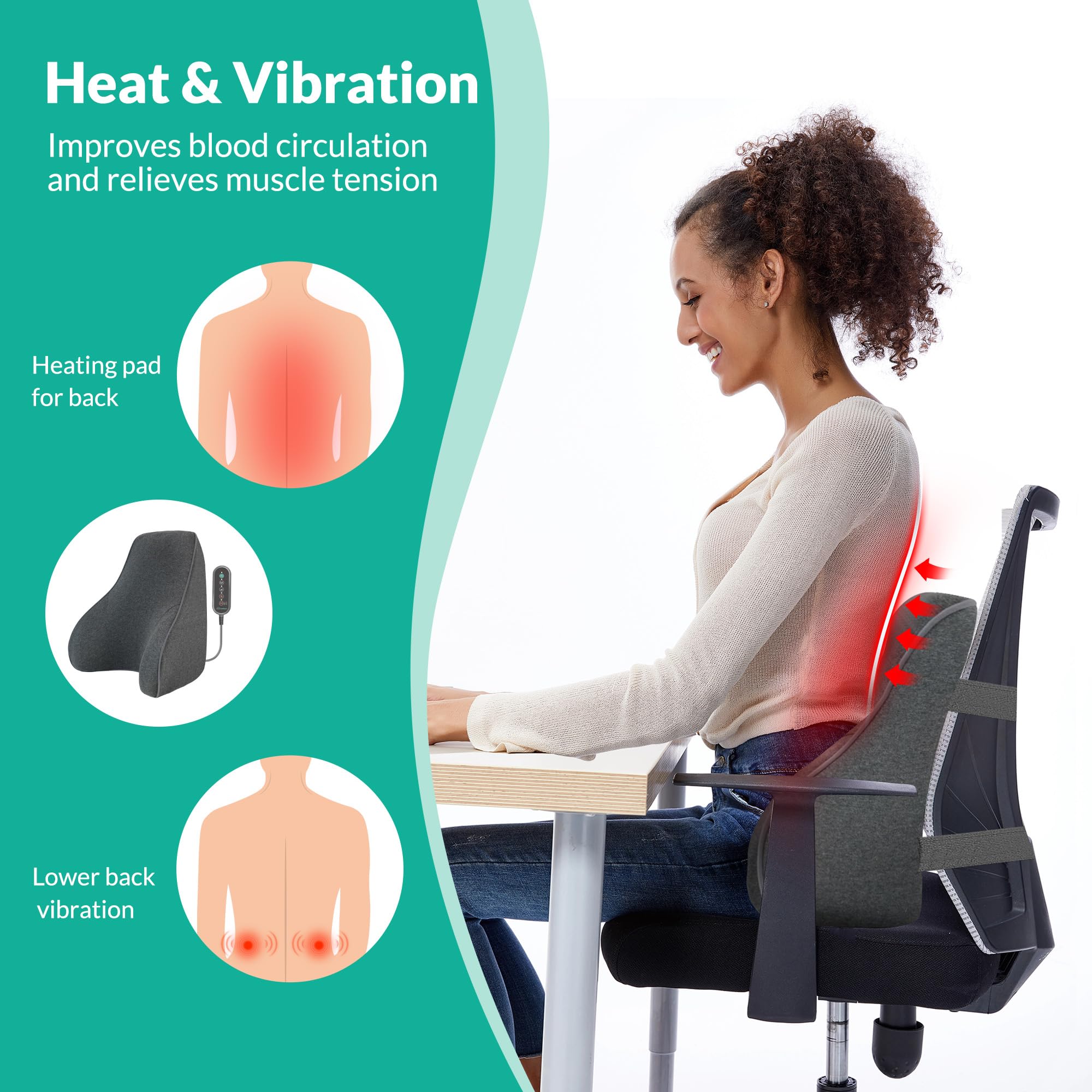 Snailax Heated Lumbar Support Pillow for Office Chair, Back Support Pillow for Car, Adjustable Heat and Vibration, Ergonomic Back Cushion, Improve Posture & Pain, Lower Back Massager,Gifts