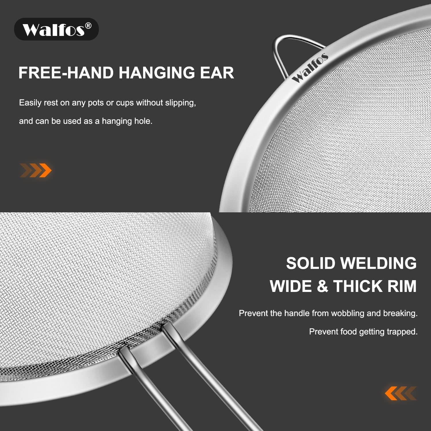 Walfos Fine Mesh Strainer 4PCS, Versatile Kitchen Strainer with Handle - 7", 5", 3.3", 2.8" Sieve Fine Mesh Stainless Steel, Metal Strainers and Sifters for Rice, Quinoa, Tea, Cocktail, Pasta, Juice