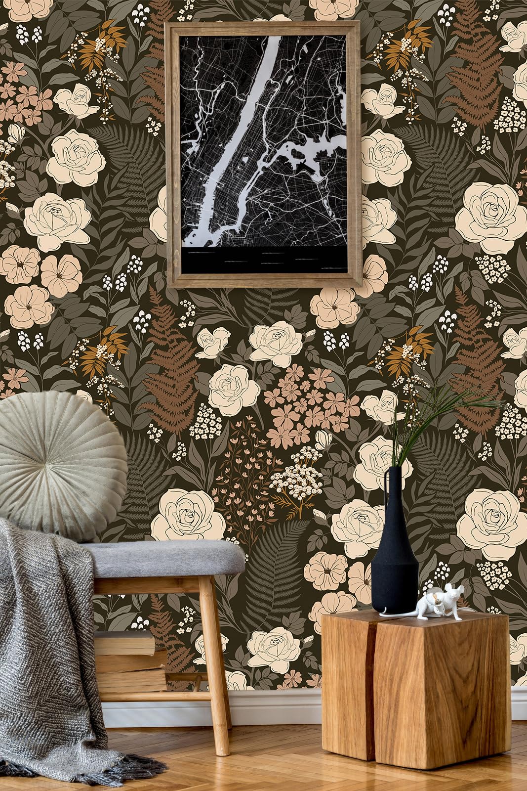 HAOKHOME Peel and Stick Wallpaper Floral Vintage Removable Rose Leaf Black/Brown/Beige Stick on Mural 17.7in x 6.6ft