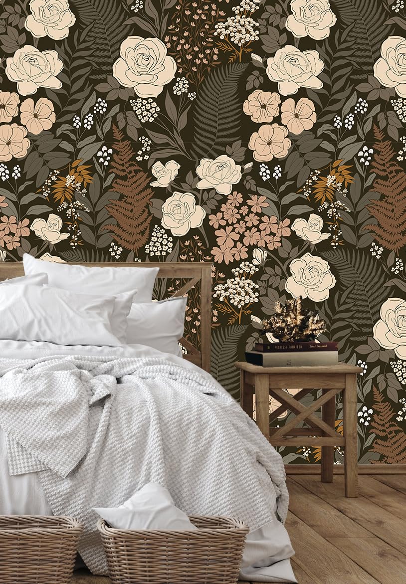 HAOKHOME Peel and Stick Wallpaper Floral Vintage Removable Rose Leaf Black/Brown/Beige Stick on Mural 17.7in x 6.6ft