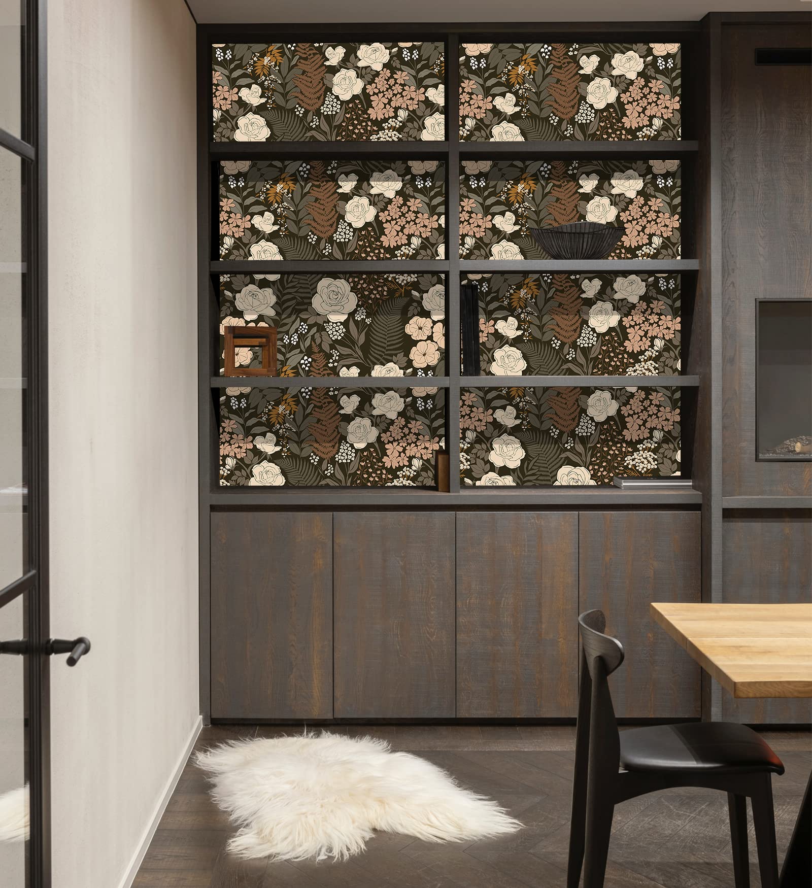 HAOKHOME Peel and Stick Wallpaper Floral Vintage Removable Rose Leaf Black/Brown/Beige Stick on Mural 17.7in x 6.6ft
